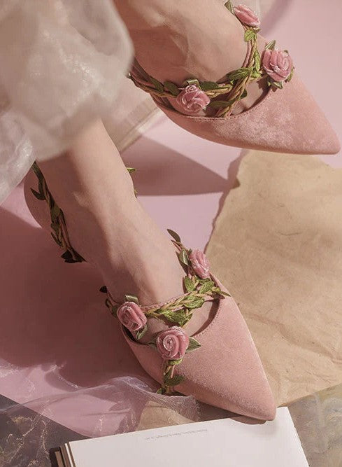 Handmade Fairycore Rose Kitten Heel Shoes – Retro Fairy