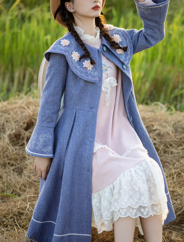 Vintage Embroidery Cottagecore Blue Coat – Retro Fairy