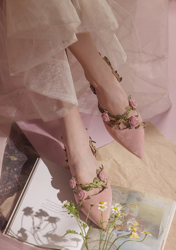 Handmade Fairycore Rose Kitten Heel Shoes – Retro Fairy
