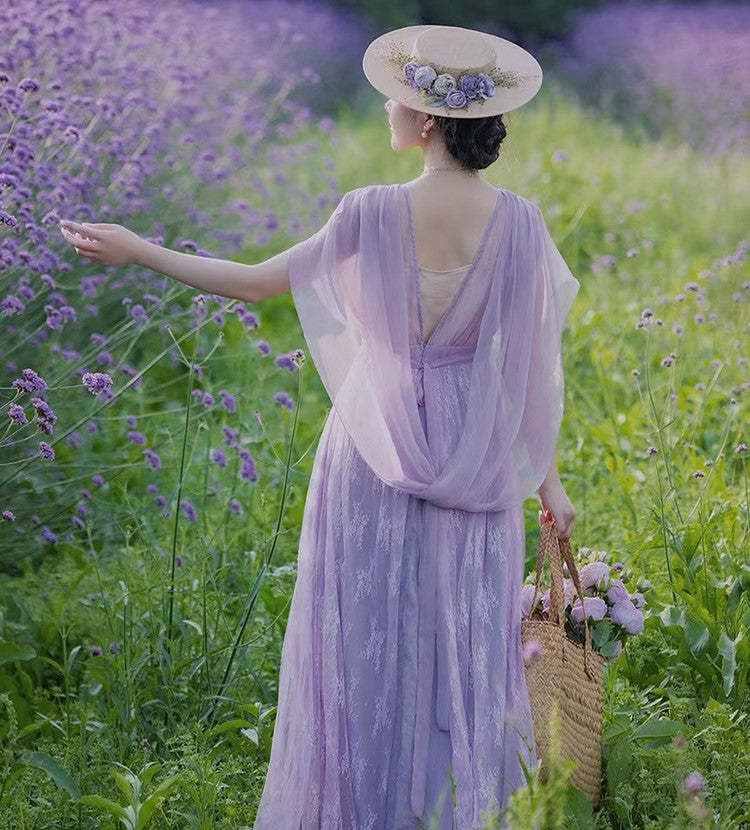 Retro Fairycore Embroidery Lavender Dress