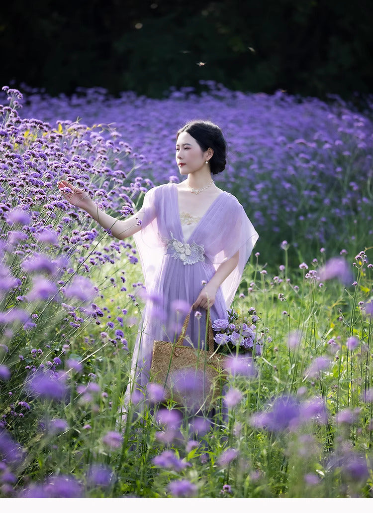 Retro Fairycore Embroidery Lavender Dress