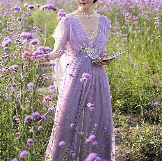 Retro Fairycore Embroidery Lavender Dress
