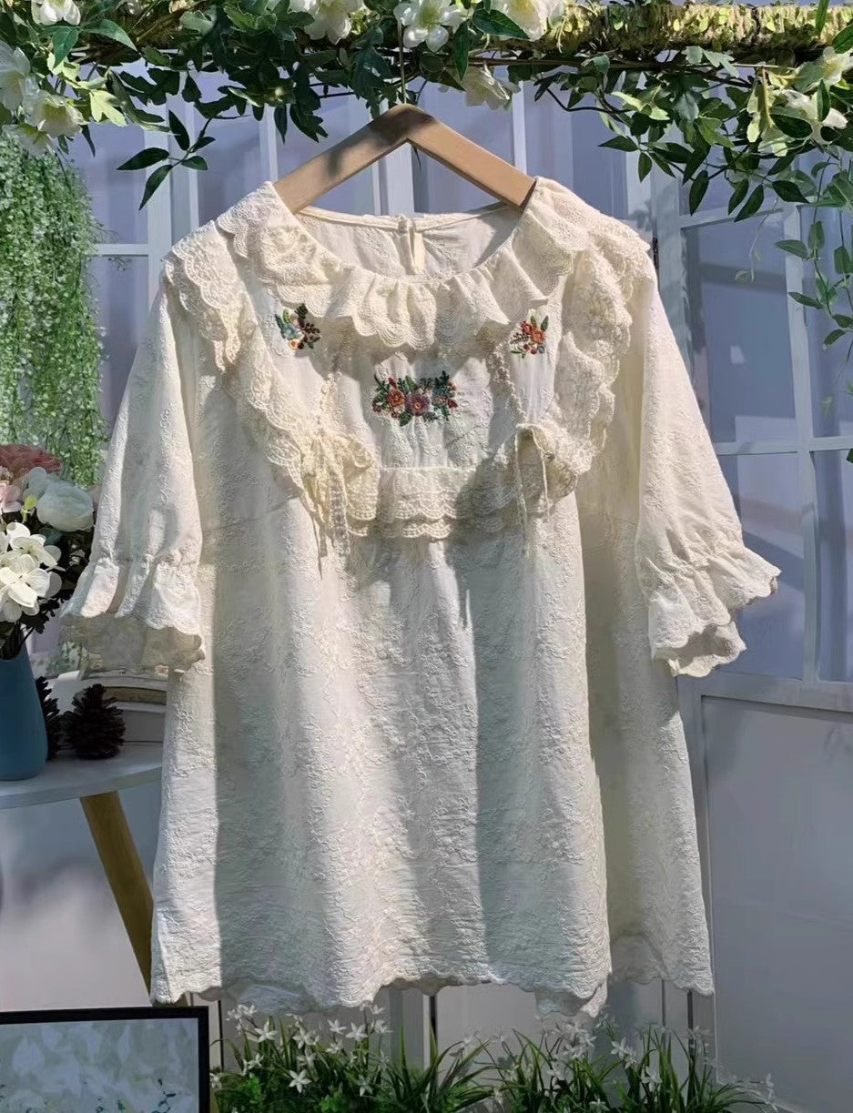 Cottagecore Embroidery Cotton Blouse – Retro Fairy