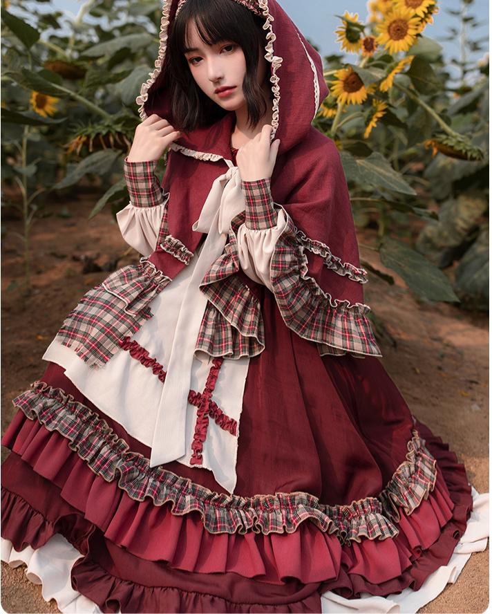 Cottagecore Red Dress Hooded Cape Set – Retro Fairy