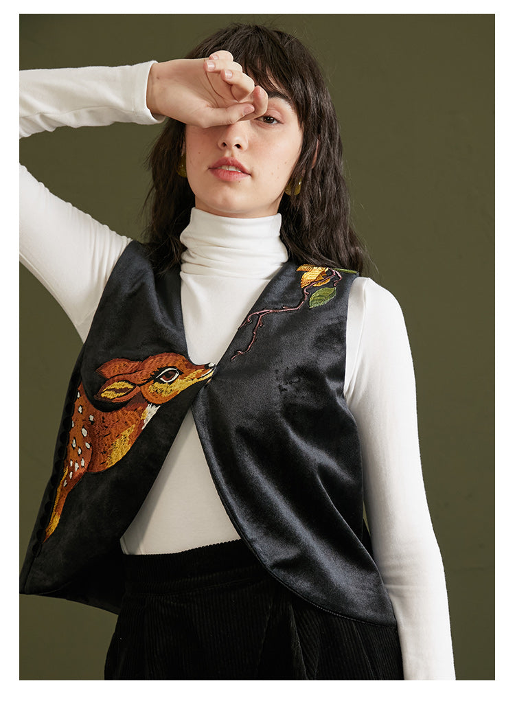 Cottagecore Deer Embroidery Vest – Retro Fairy