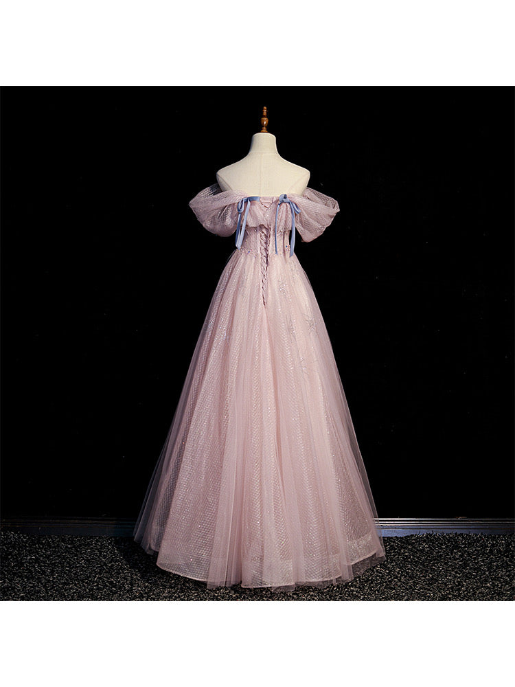 Handmade Princess Tulle Off-Shoulder Pink Prom Evening Dress – Retro Fairy