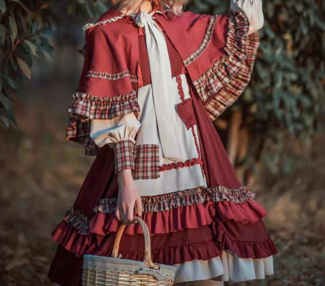 Cottagecore Red Dress Hooded Cape Set – Retro Fairy